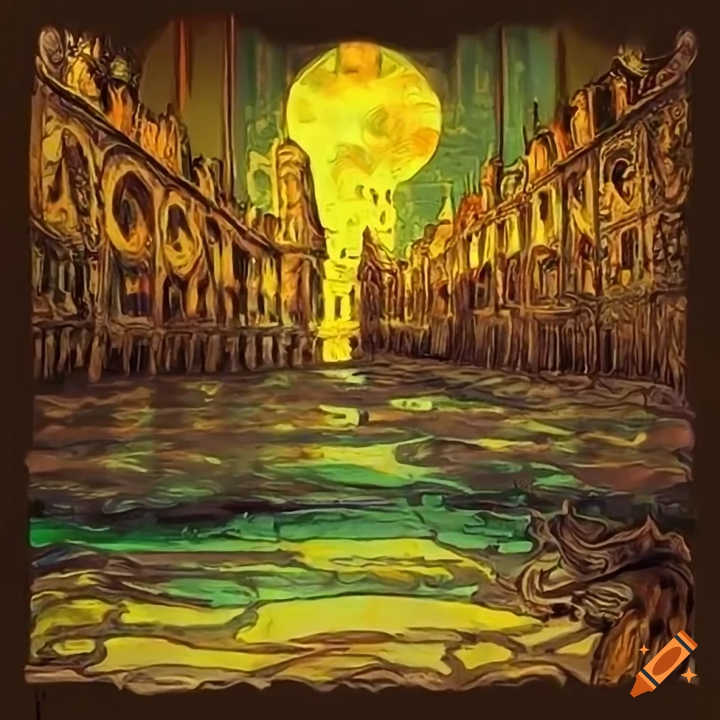 Illustration of a medieval city inspired by lovecraft's carcosa on Craiyon