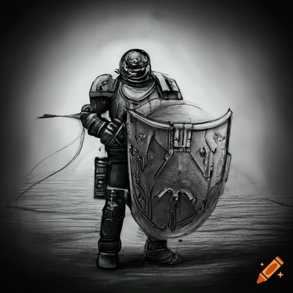 Action figure of a warhammer 40k space swat with a shield on Craiyon