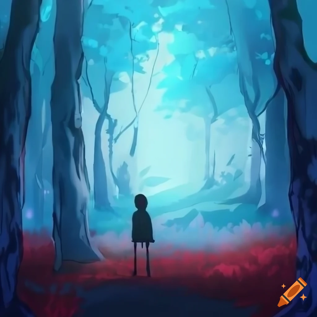 Anime-style forest with blue cherry trees