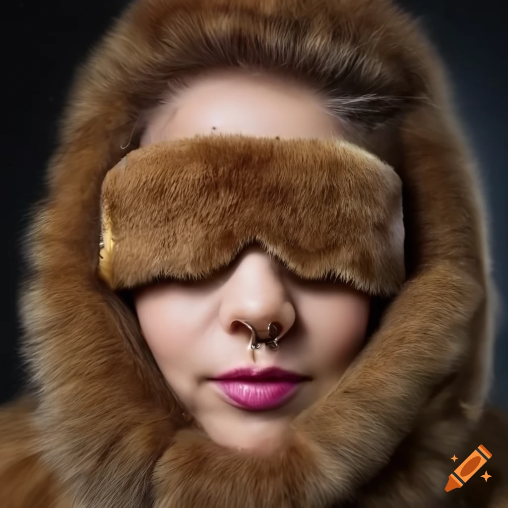 Woman wearing fur coat and sleep mask