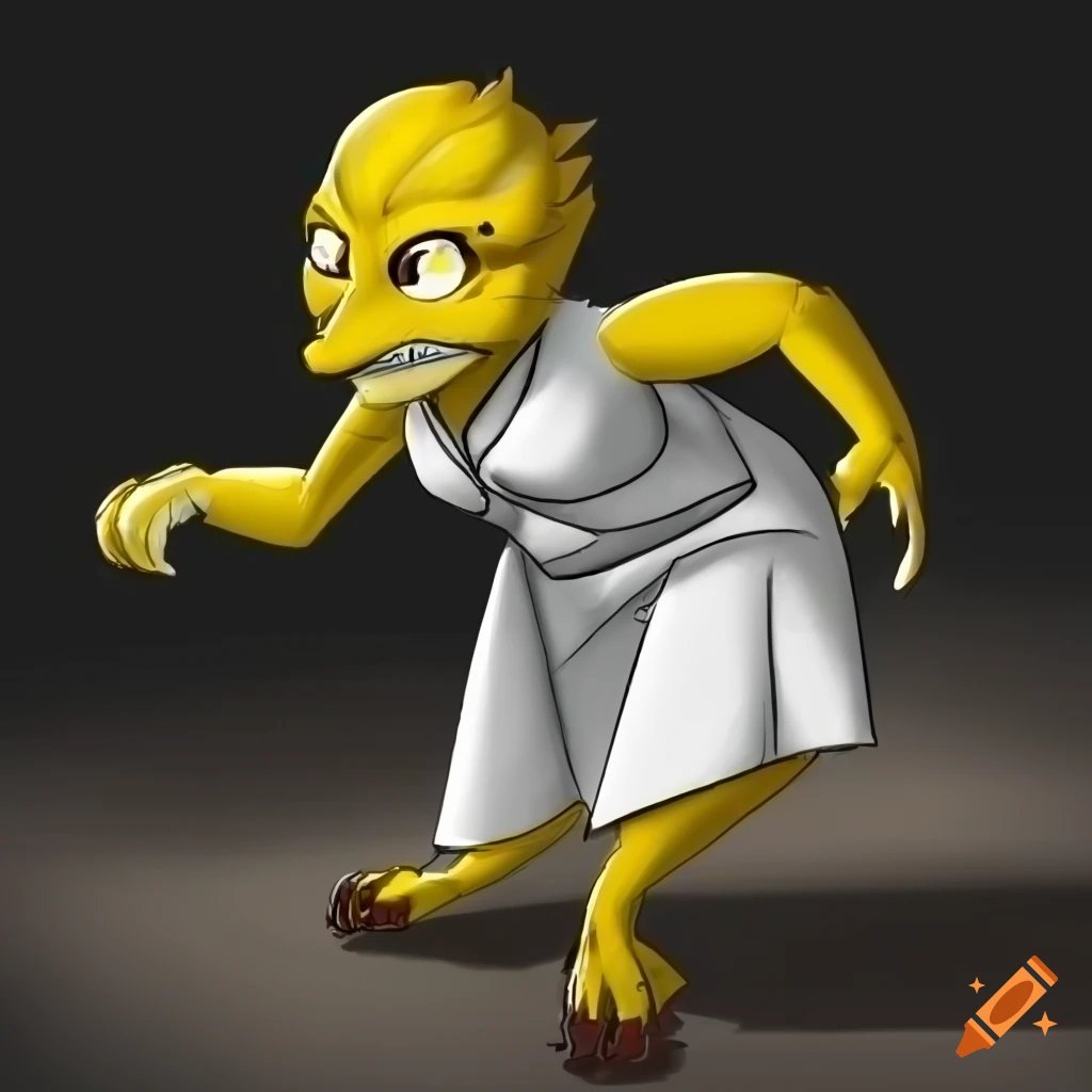 Digital drawing of a yellow lizard woman in a labcoat