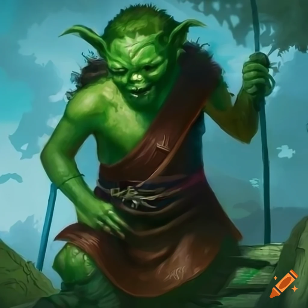 Digital artwork of a green-skinned goblin in ancient Chinese clothes on ...