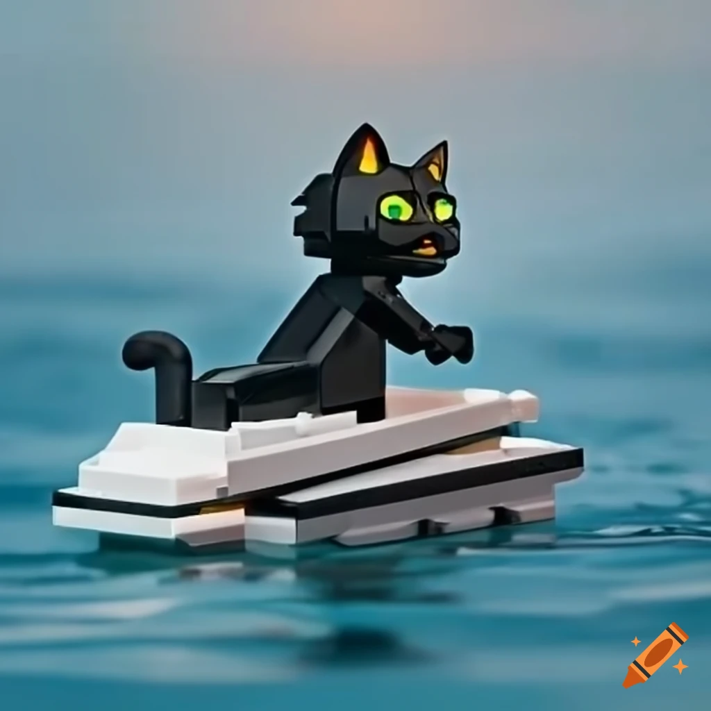 Lego Black Cat Riding A Jetski At The Ocean On Craiyon