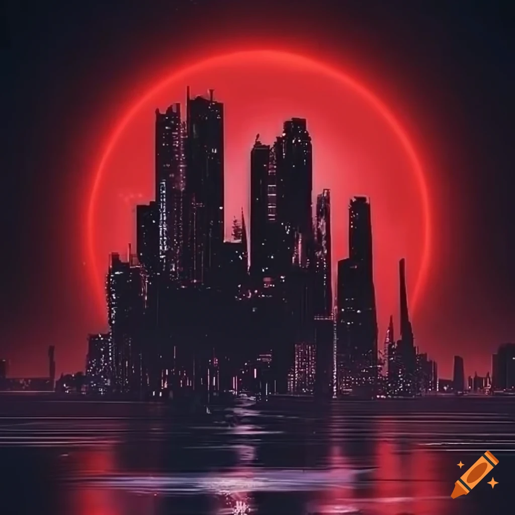 Futuristic city with red moon and neon lights