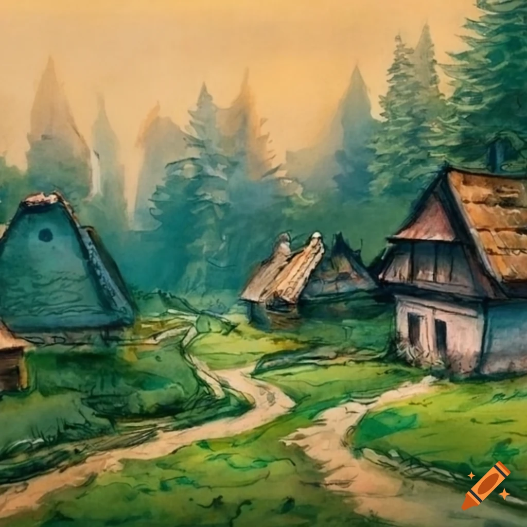 Watercolor and ink picture of a slavic village in the 1300s on Craiyon