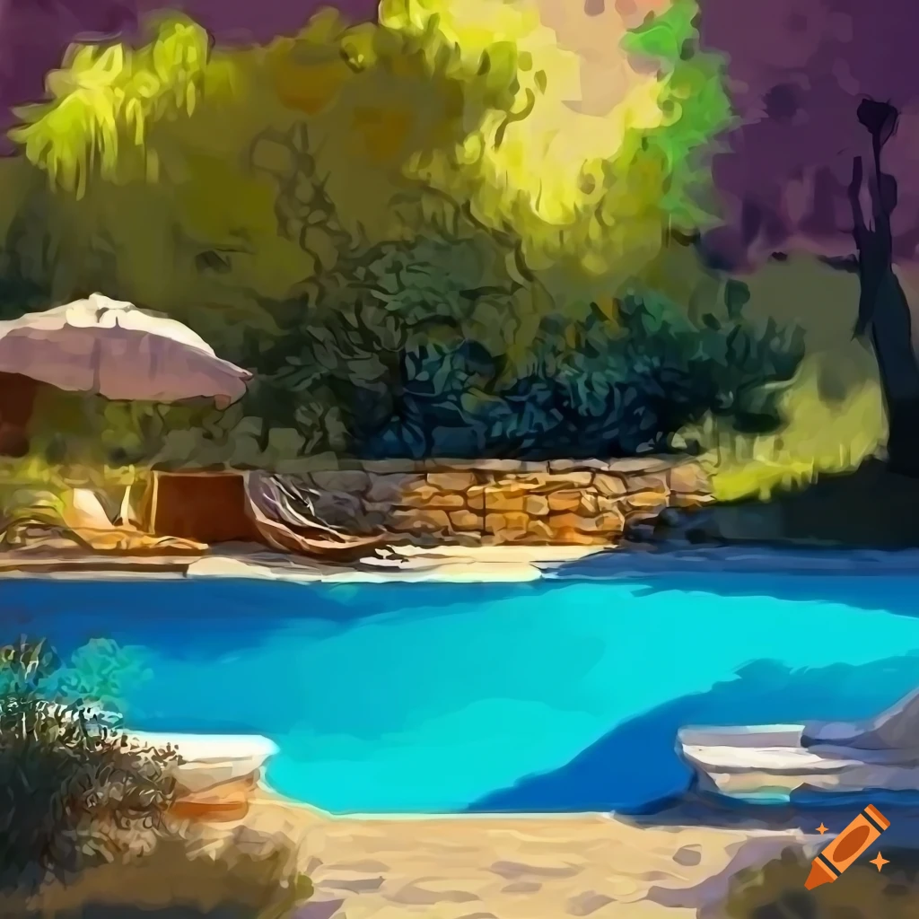 Digital painting of an outdoor swimming pool in provence