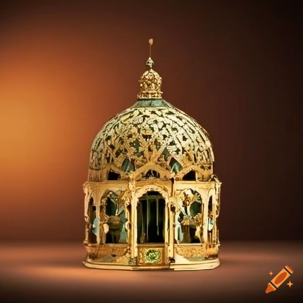 Large gold box with two angels on top on a gold table on Craiyon