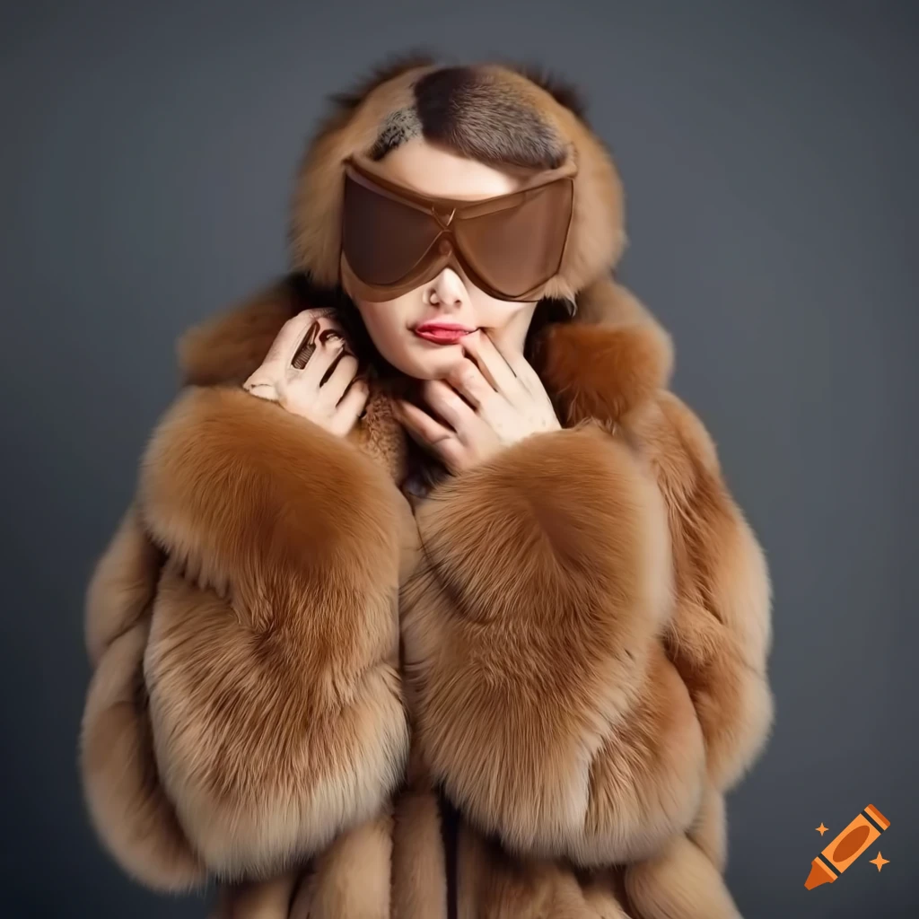 Stylish woman wearing a fluffy fur coat and sleep mask on Craiyon