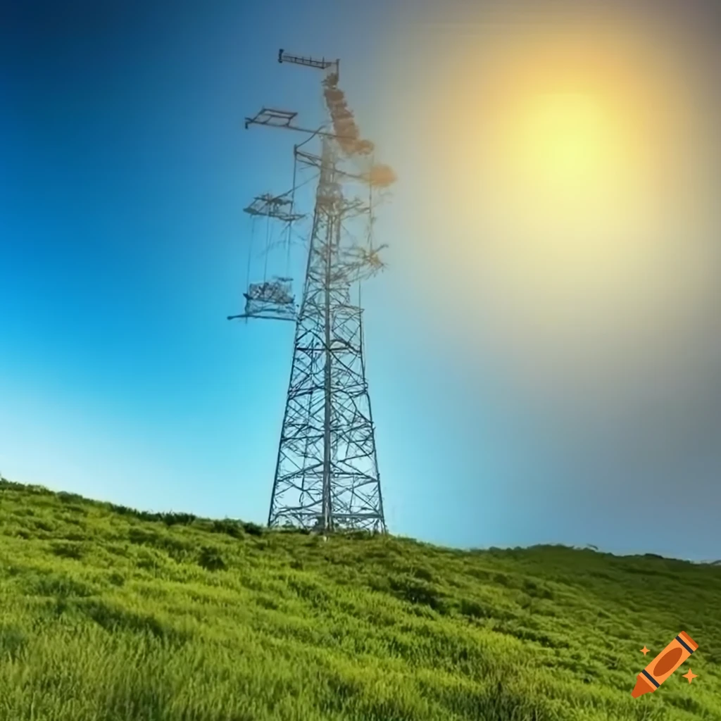 Wide-angle digital image of grassy mountain landscape with an electric ...