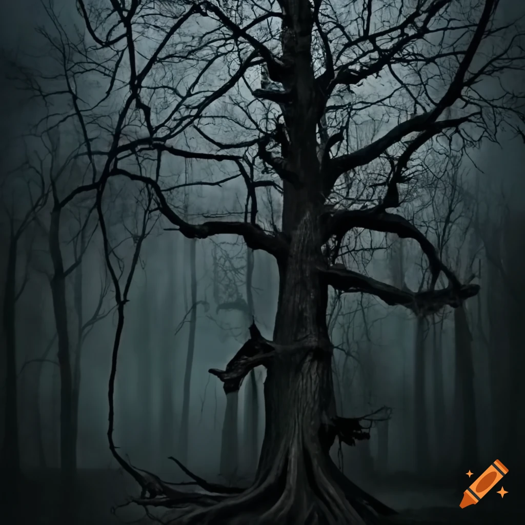 Haunting image of a dead tree at dusk on Craiyon