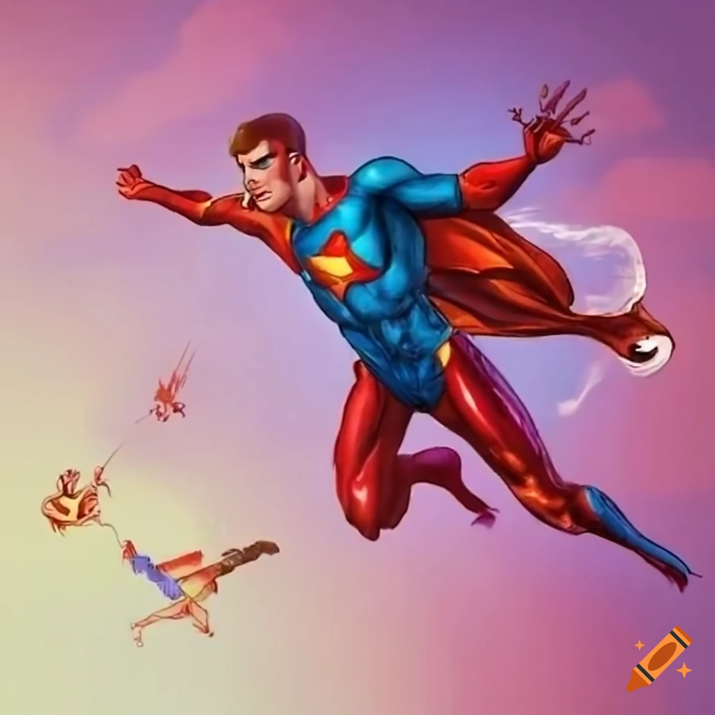 Digital art of a flying superhero with the text '74stats' on Craiyon