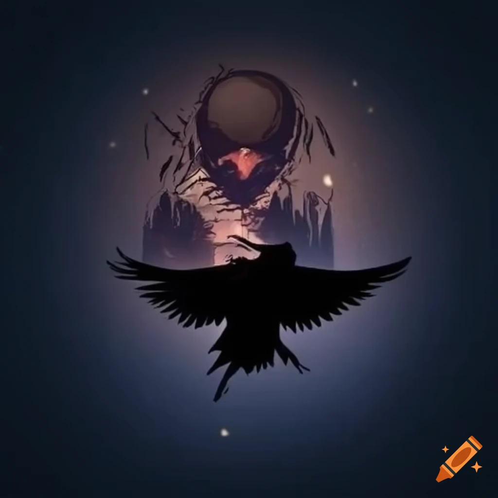 Logo with a flying crow and a man watching it on a computer on Craiyon