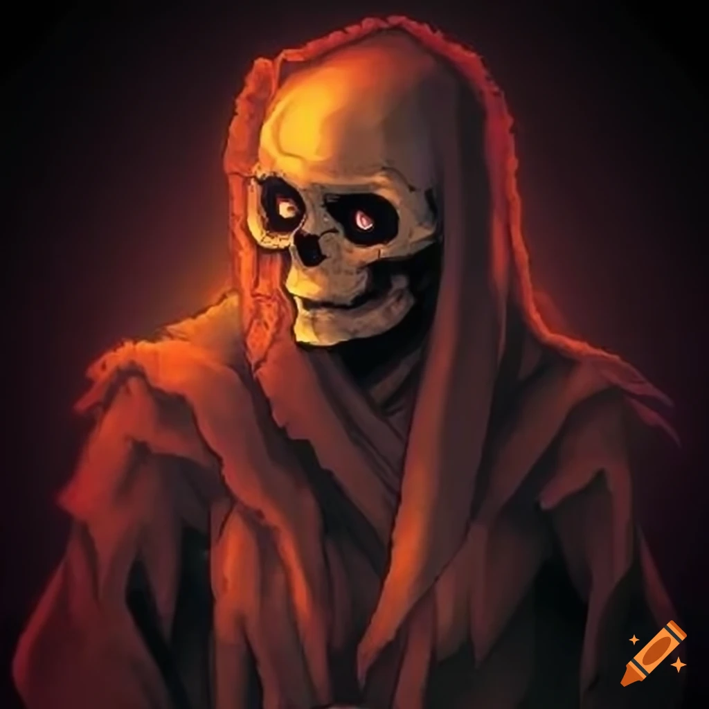 Skeleton wearing a robe in a dark fantasy setting on Craiyon