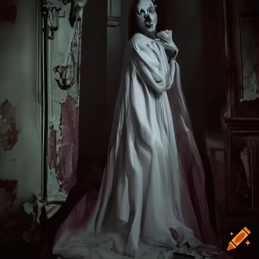 Detailed portrait of a transparent ghostly woman by a fireplace on Craiyon