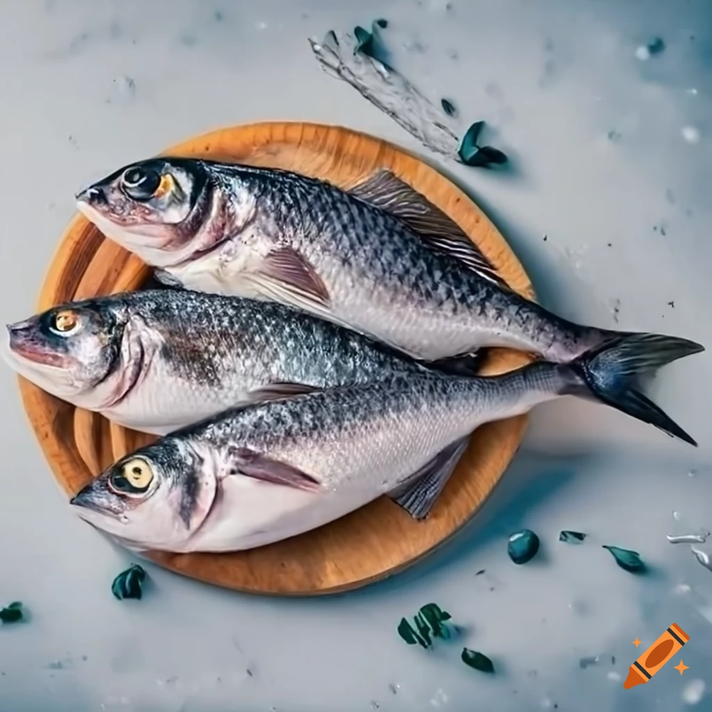 Fresh sea bass and dorade fish on a cutting board on Craiyon