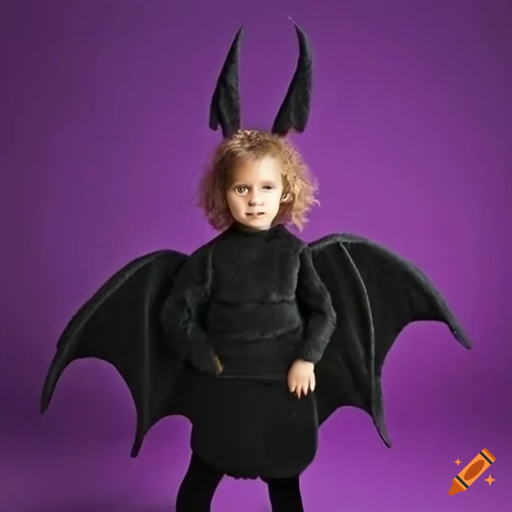 Child in a black and purple bat plush costume on Craiyon