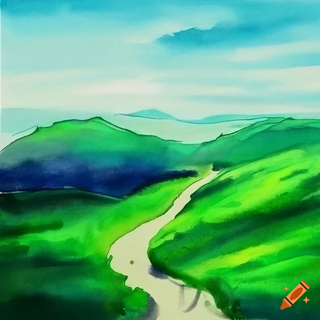 Watercolor painting of a path through green rolling hills