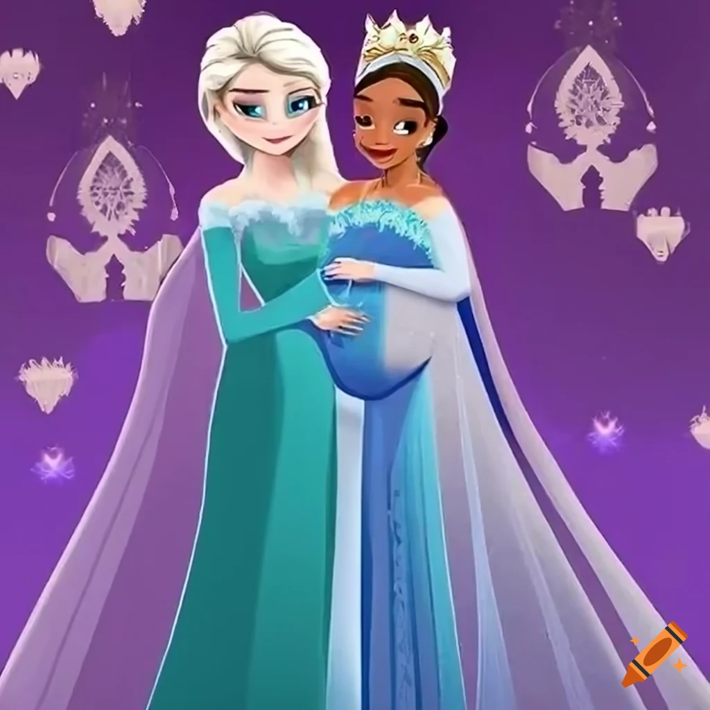 Digital Art Of Queen Elsa And Pregnant Tiana Embracing On Craiyon