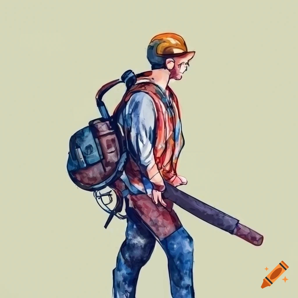 Illustration of a man using a backpack blower on Craiyon