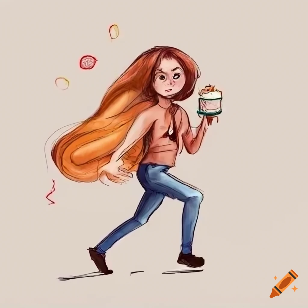 Drawing of a short lady running to a food truck on Craiyon