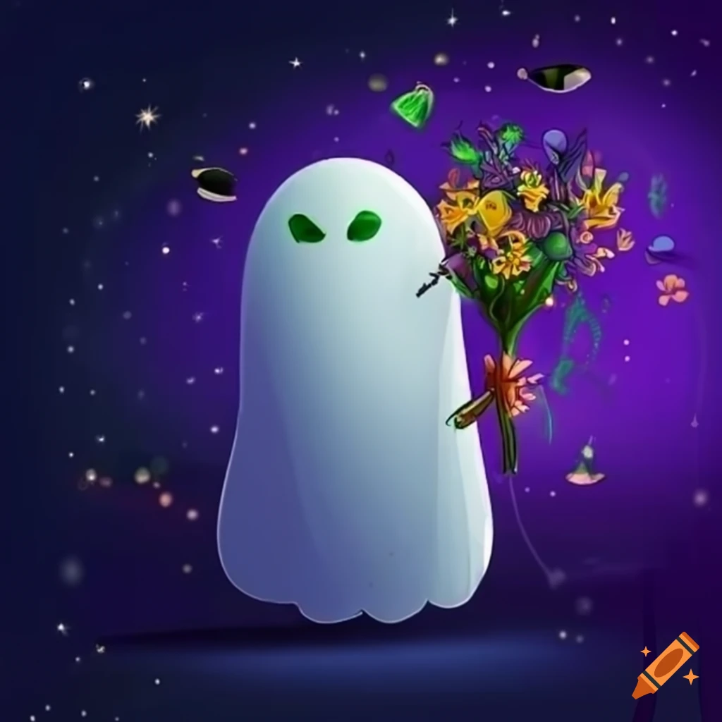 Cartoon ghost with a bouquet of enchanted halloween flowers on Craiyon