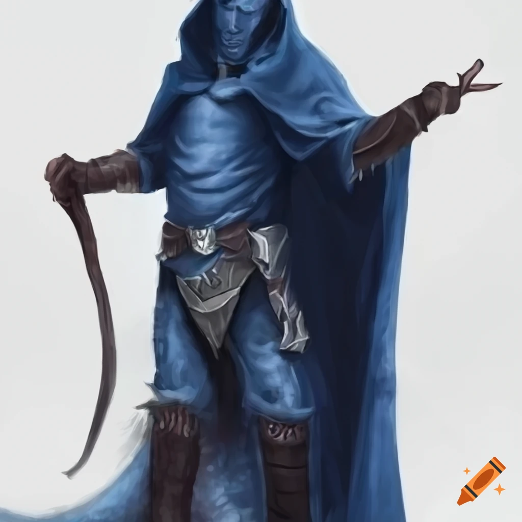 Blue dragonborn wearing a hooded cloak