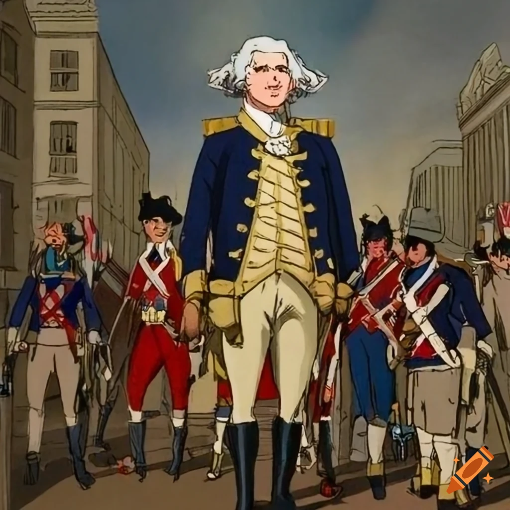 George Washington as a superhero leading soldiers in a city on Craiyon