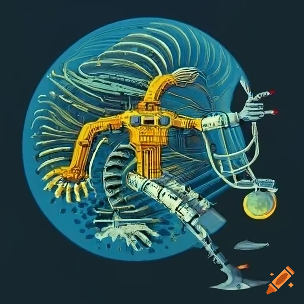 Retro sci-fi organism machine artwork on Craiyon