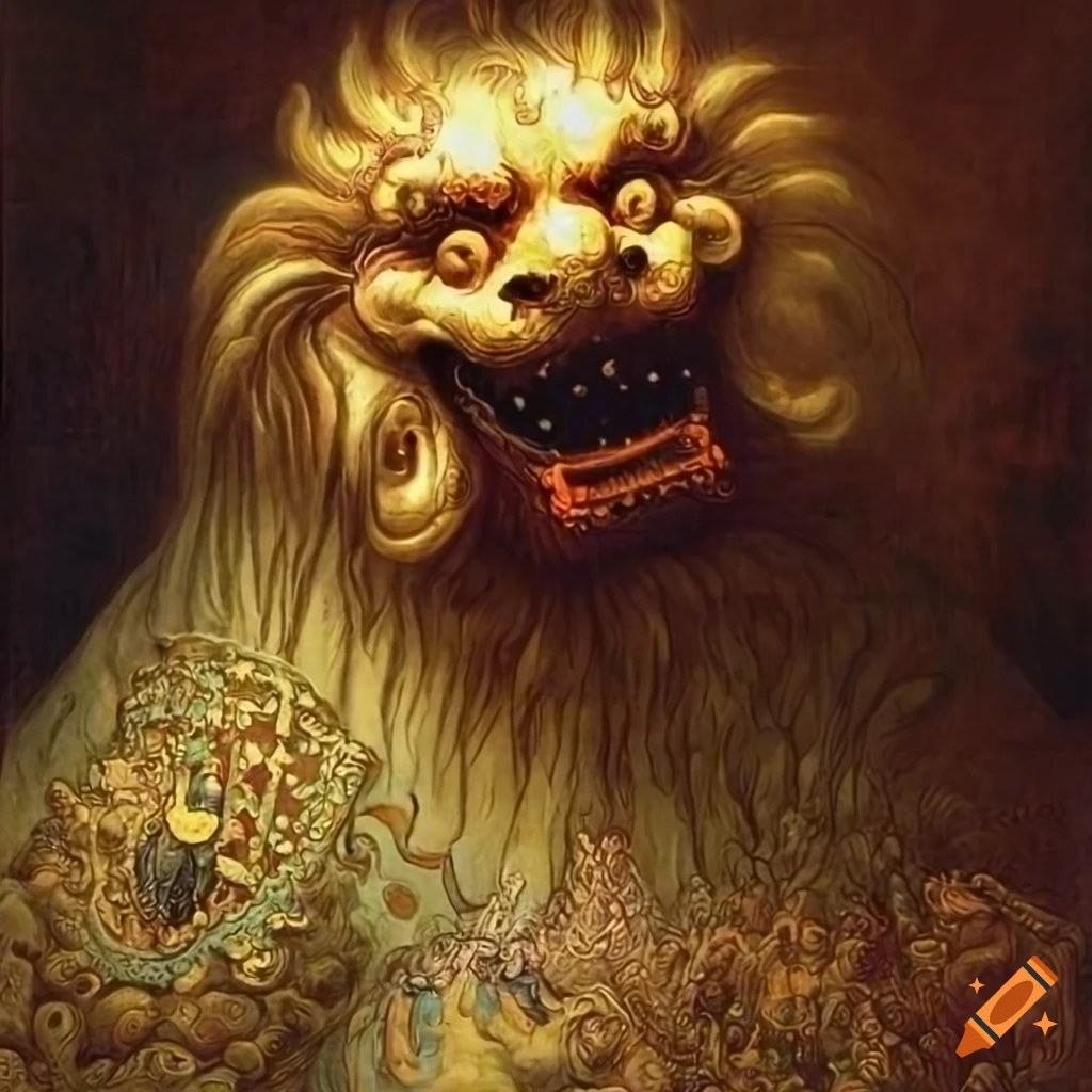 Painting of a Chinese guardian lion in various art styles on Craiyon
