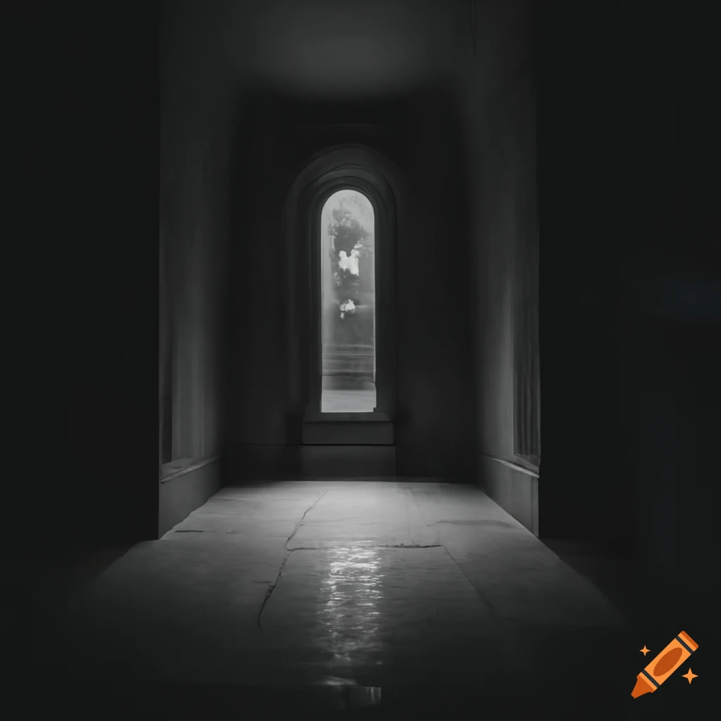 Artistic depiction of a somber room with a modern memorial