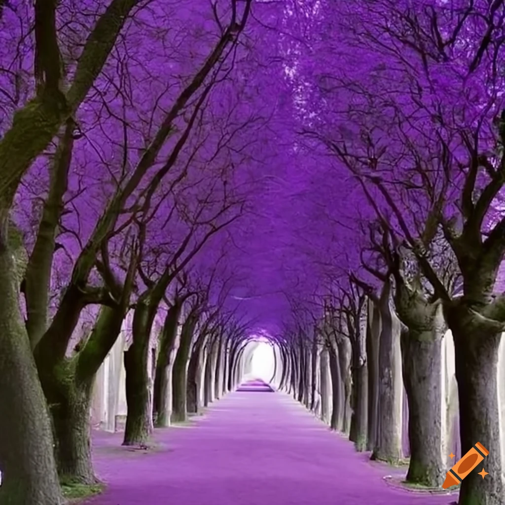 Landscape of a picturesque alley with purple trees on Craiyon