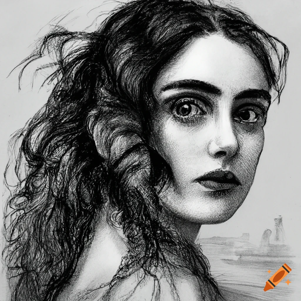 Pencil drawing of a beautiful brunette woman near a haunted house on ...