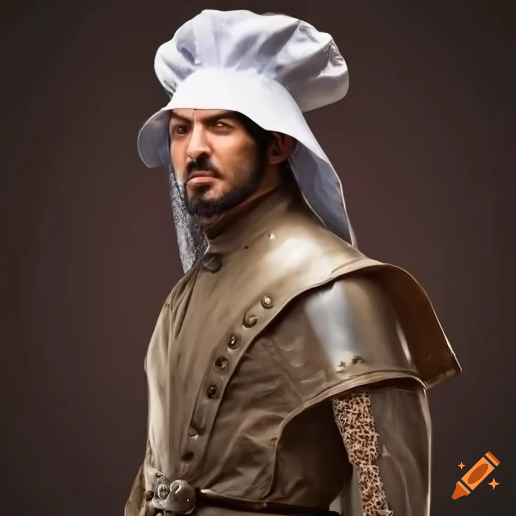 Arab man wearing a medieval helmet with a chef's hat on Craiyon