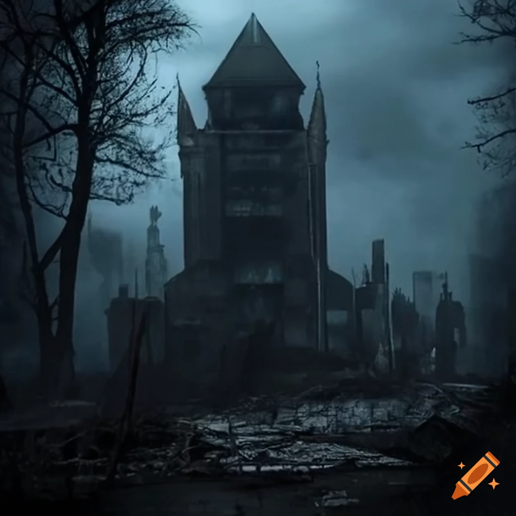 Scary halloween monsters in an abandoned city on Craiyon