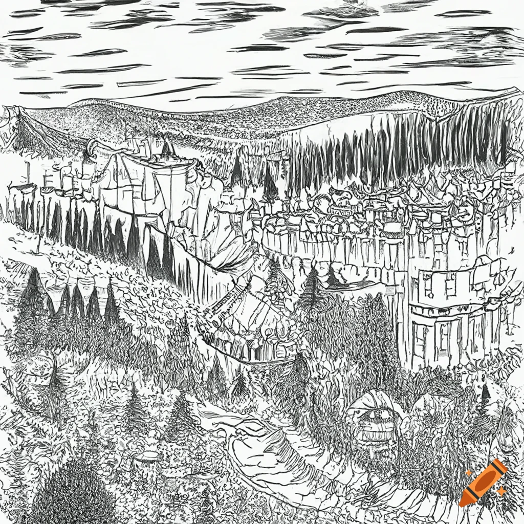 Detailed line art of a castle overlooking a lush valley