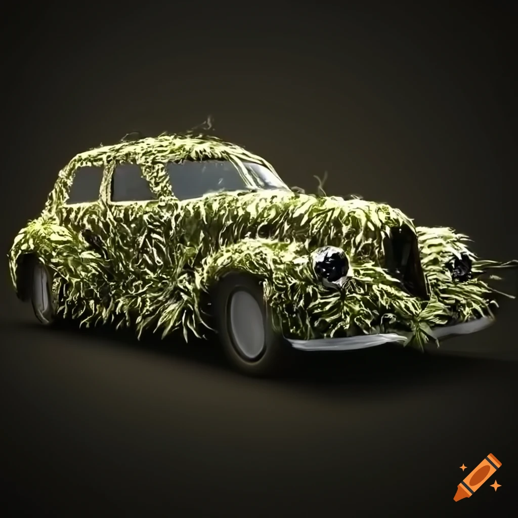Car covered in cannabis leaf artwork on Craiyon