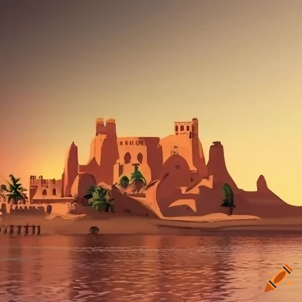 Arabian sandstone castle with palm trees on Craiyon