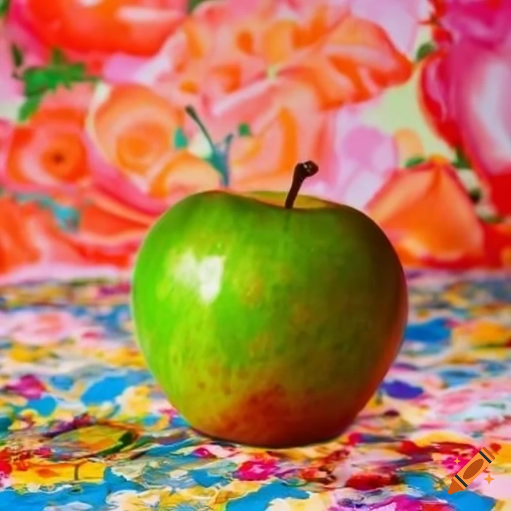 Colorful tablecloth with a hand-drawn apple on Craiyon