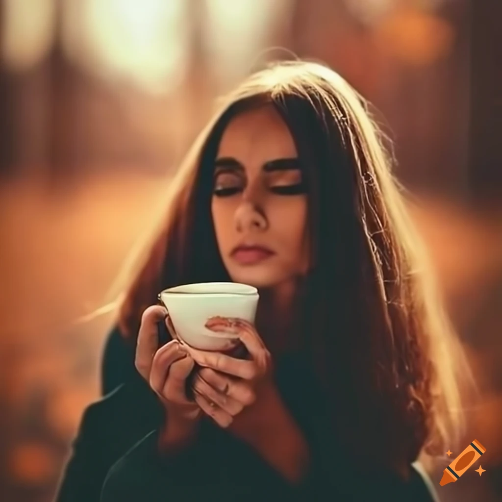 Woman using a black pottery cup for tea on Craiyon