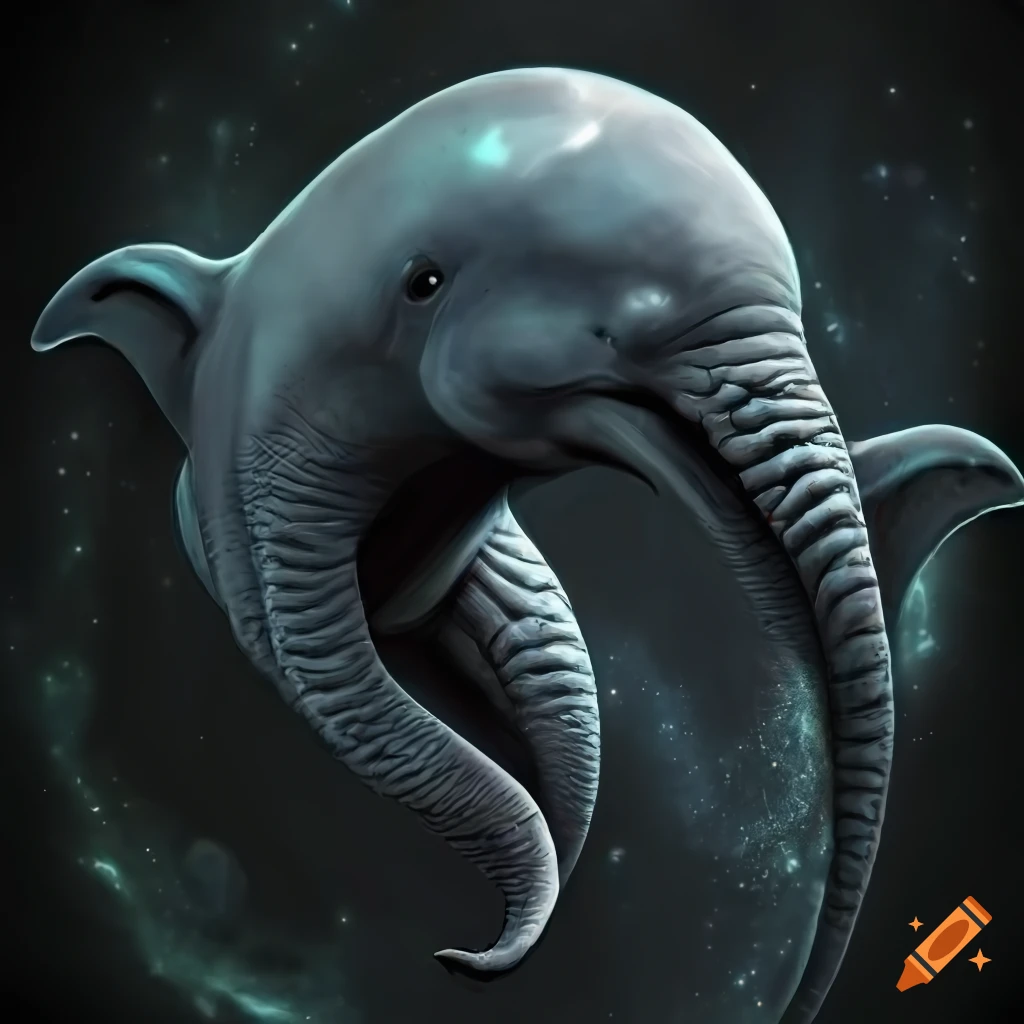 Intricate artwork of a dolphin-elephant hybrid in space on Craiyon