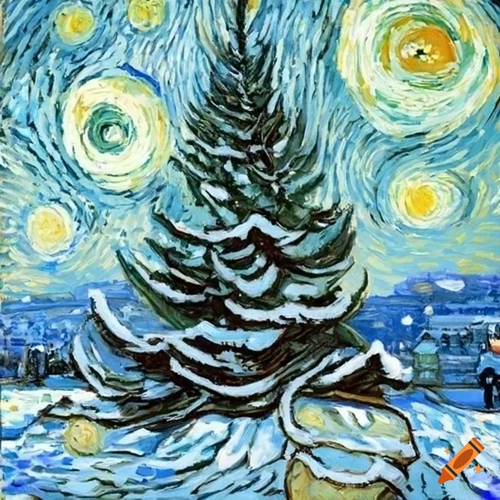 Van gogh-inspired christmas tree in the snow on Craiyon