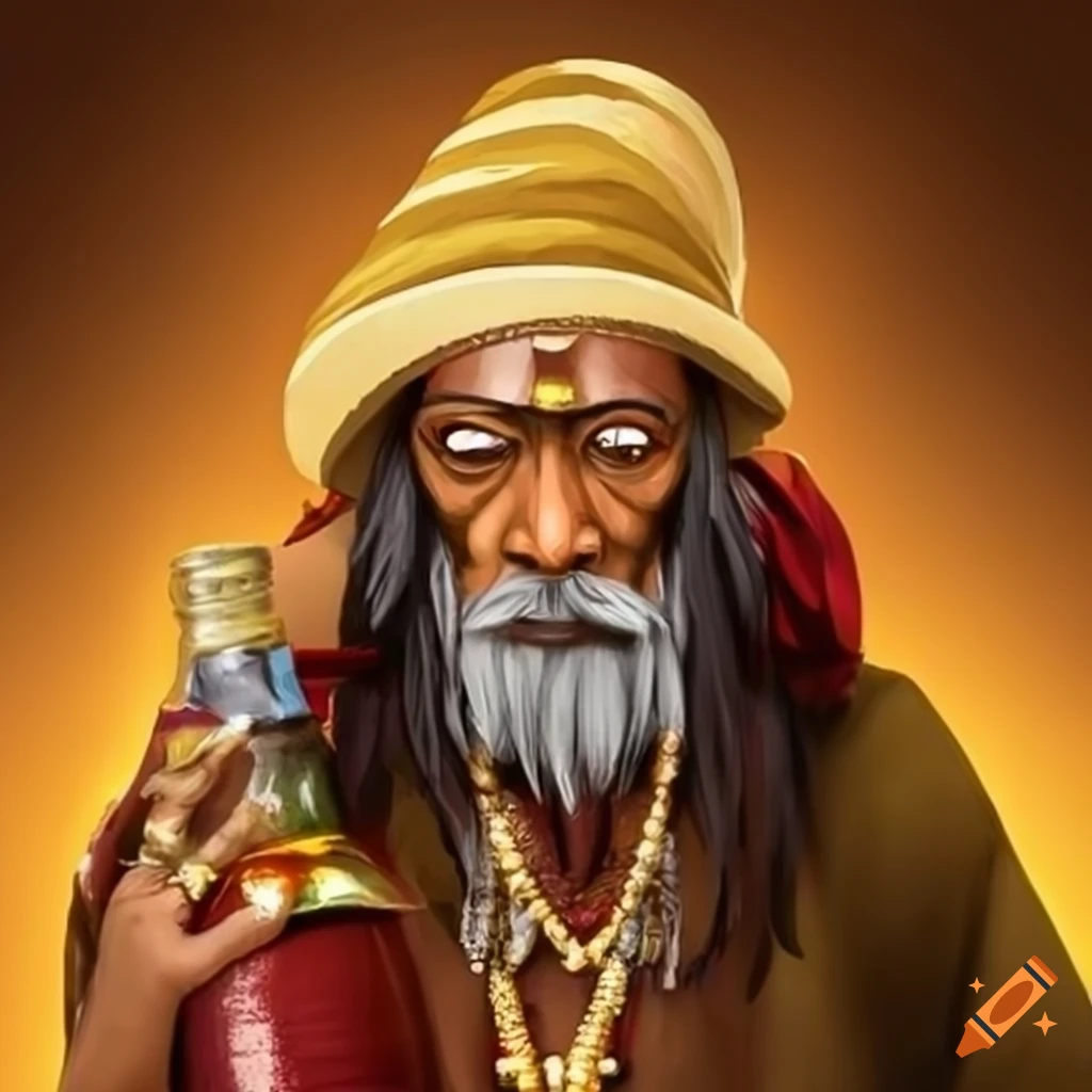 Illustration of an Indian wizard holding a bottle on Craiyon