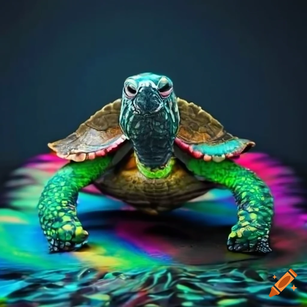 Fashionable black turtle posing on a colorful set