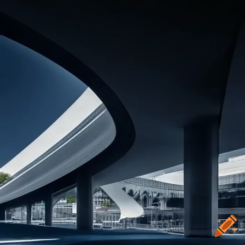 Abstract-shaped modern school with viaducts on Craiyon