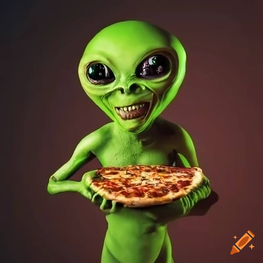 Smiling alien enjoying a pizza