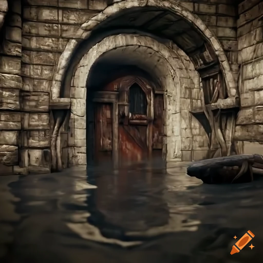 Render of a flooded medieval dungeon