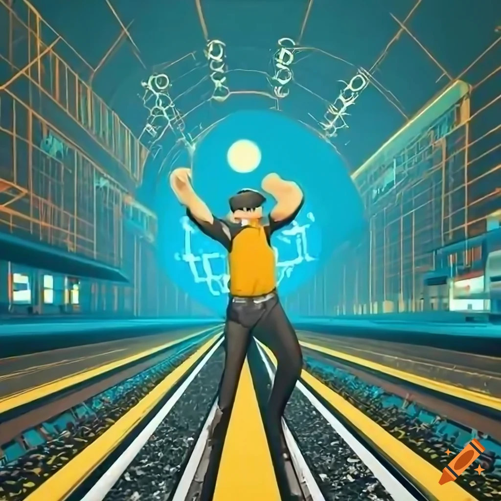 Friendly train conductor pointing to a futuristic disco on Craiyon