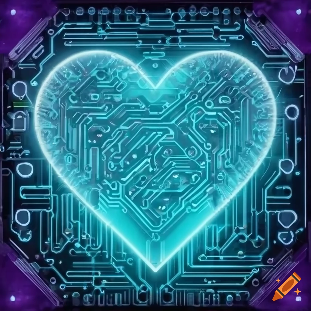 Abstract circuit board heart with rainbow colors