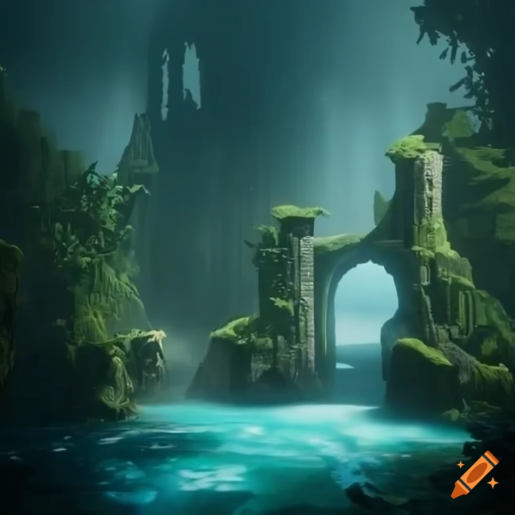 Image of a fantasy portal in a cove with flowing water on Craiyon