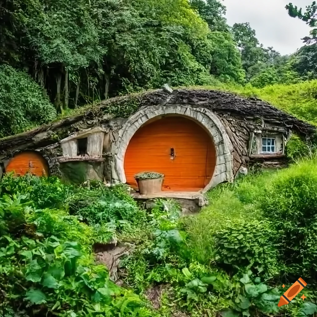 Close-up of a hobbit house in a lush jungle on Craiyon